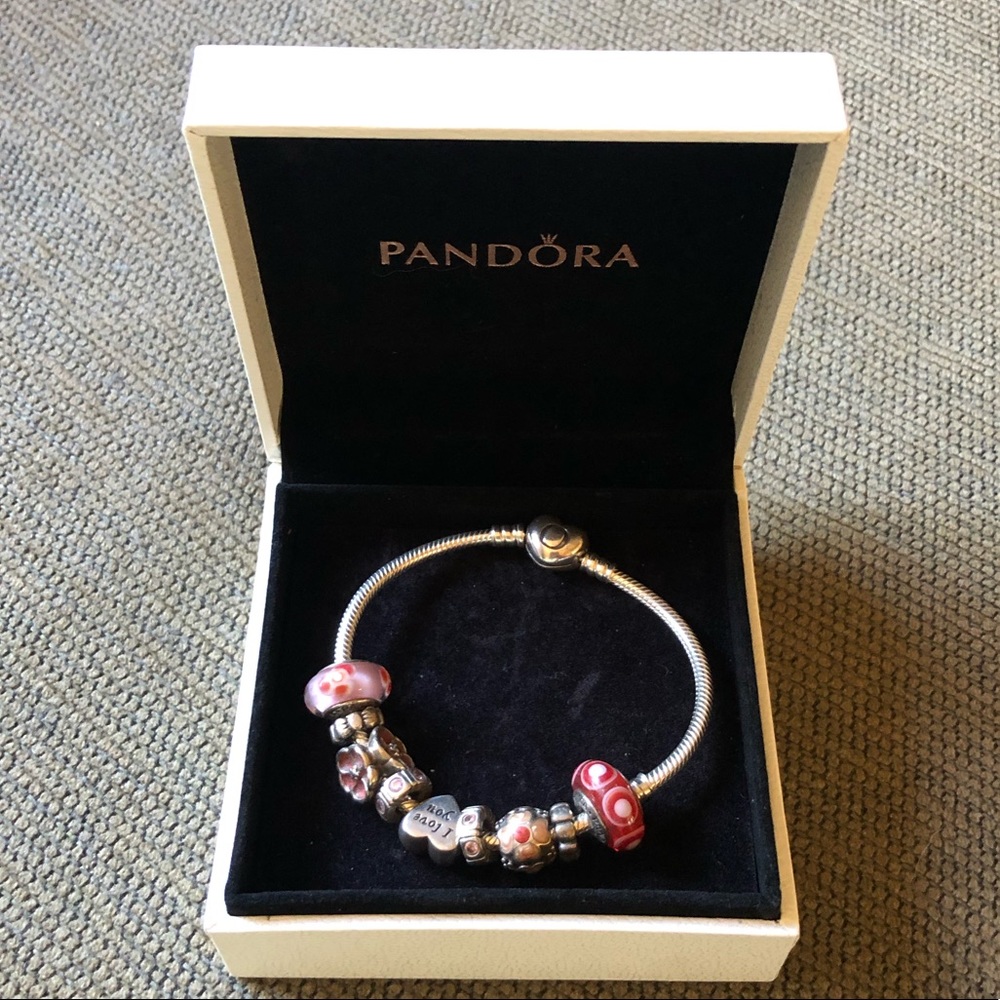 Authentic Pandora Bracelet With 9 Pandora Charms - Gem
